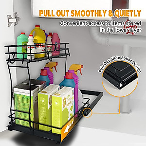 HANSILINA Pull Out Cabinet Organizer 2 Tier Under Sink Cabinet Organizer Storage Shelf with Sliding Storage Basket for Kitchen Bathroom Laundry Room, 10.6Wx14.5Dx13.6H-inch