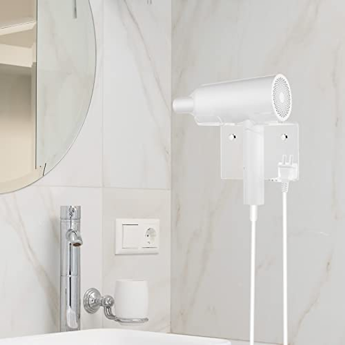 Cosmos Wall Mount Shelves Hair Dryer Holder Acrylic Blow Dryer Storage Rack Multi Functional Bathroom Storage Organizer with Screw Set for Hotel Room Salon Barbershop (Transparent Clear)