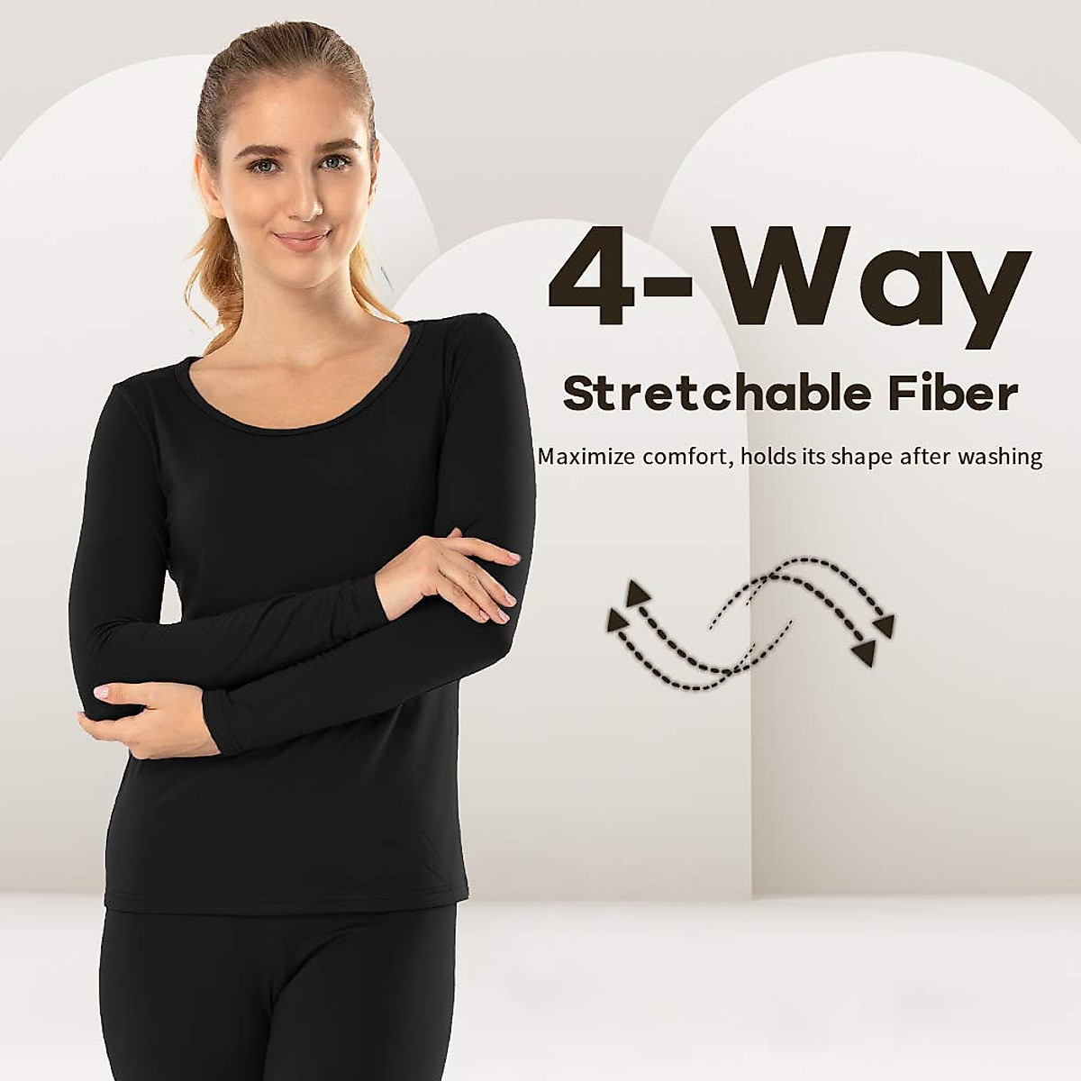 MANCYFIT Thermal Underwear for Women Long Johns Set Fleece Lined Ultra Soft Scoop Neck Black Large