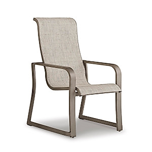 Signature Design by Ashley Beach Front Casual Outdoor Stackable Faux Leather Sling Arm Chair, Set of 4, Light Brown