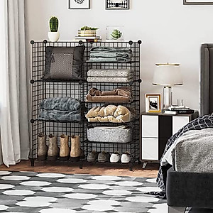 Wolizom Wire Cube Storage, 3 * 6-Cube Grid Storage Shelf, Metal Wire C Grids Shelves, Stackable Modular Shelving Organizer, DIY Closet Bookcase Bookshelf for Bedroom, Living Room, Office Black