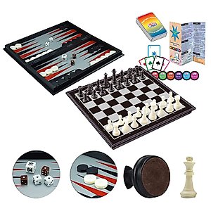 4-in-1 Chess, Checkers, Backgammon Set with Bonus Strategy Card Game - Magnetic Board with Felt Pieces and Folding Case (14.2 Inches)