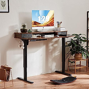 Sweetcrispy Electric Standing Desk Adjustable Height, 55 x 24 inch Stand up Sit Stand Desk with Drawers, Ergonomic Home Office Rising Table Computer Workstation with Storage Shelf, Rustic Brown