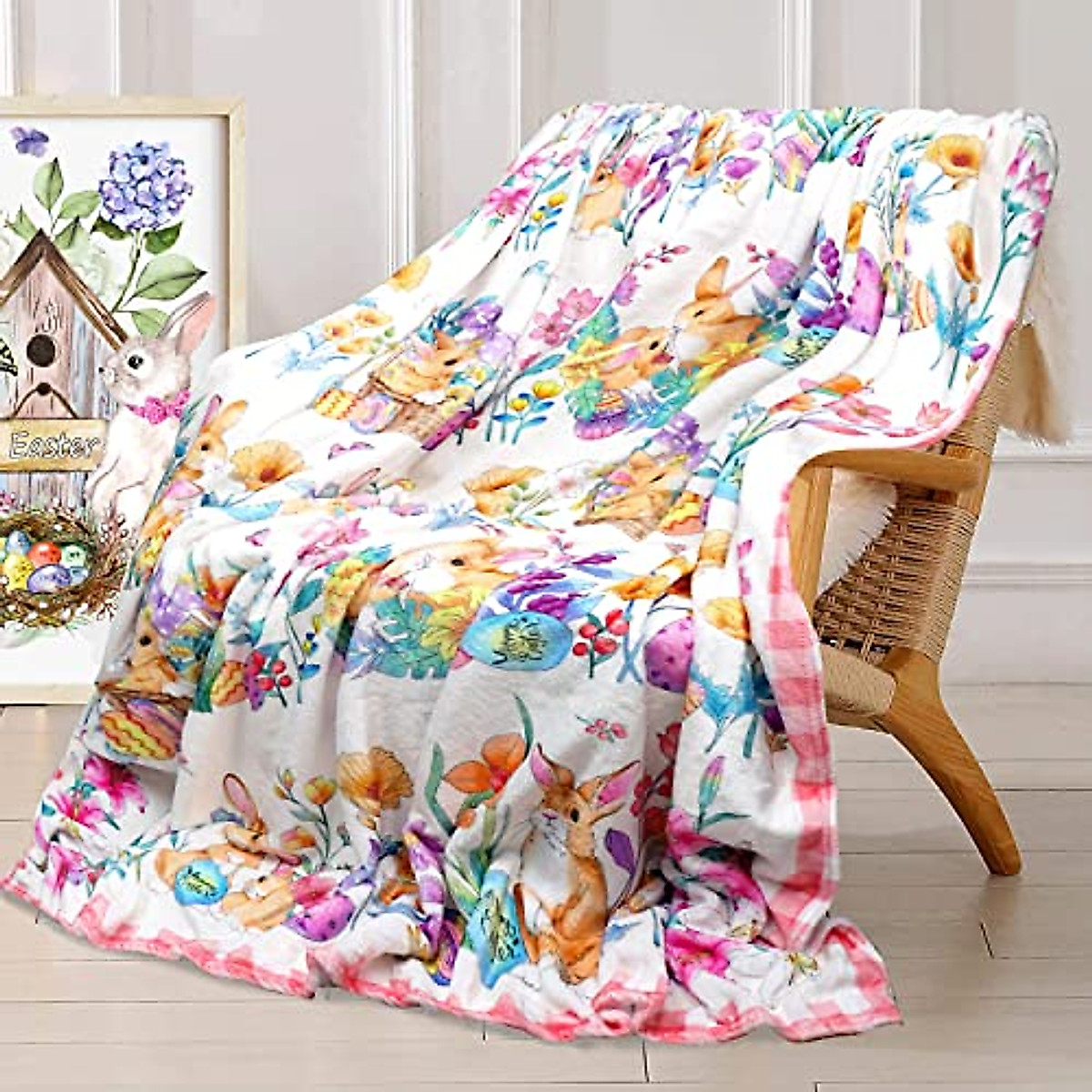 kopudka Easter Throw Blanket Decorations Egg Spring Blankets Rabbit Decor Flannel with Bunny Lilies Wicker Basket Wildflower Throws 50x60 inch