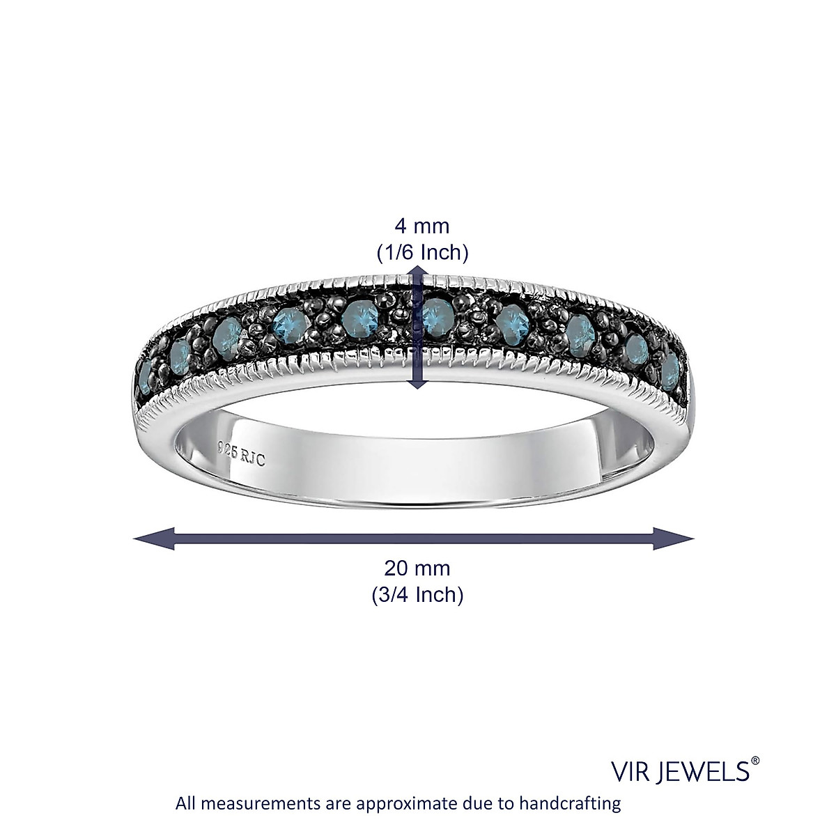 Vir Jewels 1/4 cttw Blue Diamond Ring .925 Sterling Silver with Milgrain and Black Rhodium Size 6