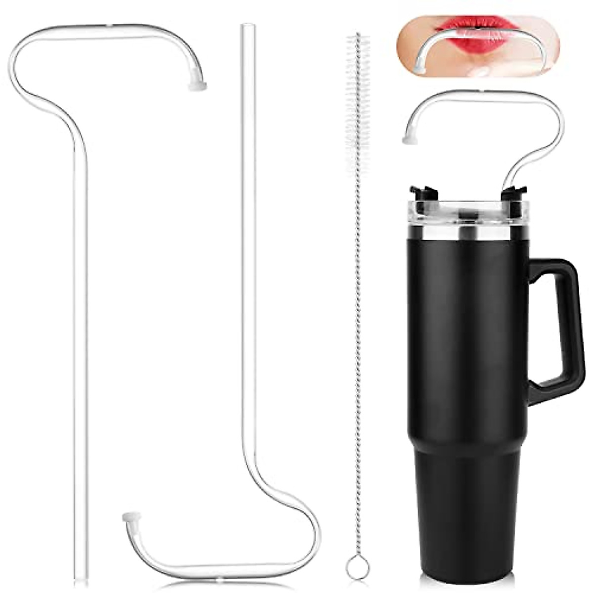 Anti Wrinkle Straw, 2pcs Plastic Prevent Wrinkle Straw Compatible with Stanley Adventure Quencher 40 oz Travel Tumblers，Anti Lip Drinking Straw Curved Straw,Reusable No Wrinkle Straws with Brush