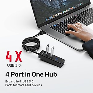 Unitek 4-Port USB 3.0 Hub, 4 Ft Long Cable USB Extension Multiple Port Splitter with Micro USB Charging Port Compatible for Windows PC, Laptop,Flash Drive,Wireless Mouse Keyboard 1.2 M - Black