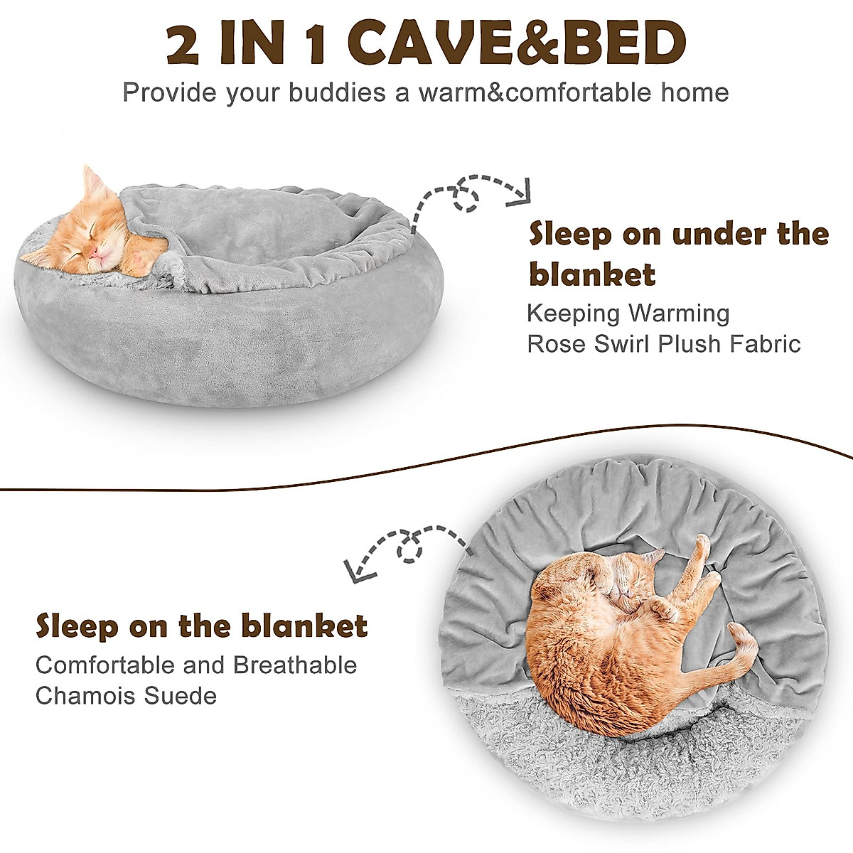 JOEJOY Dog Beds for Small Medium Dogs, Cozy Cuddler Luxury Puppy Pet Bed with Blanket Attached, Donut Round Calming Anti-Anxiety Dog Burrow Cave Bed - Anti-Slip Bottom and Machine Washable 26 inch