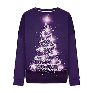 JUSLIO Amazon Coupons & Promo Codes For Prime Members Christmas Sweatshirt Women Drop Shoulder Long Sleeve Christmas Tree Pullover Comfy Plus Size Holiday Tops Shirt Dark Purple