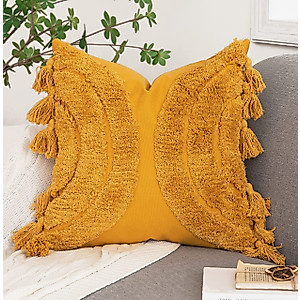 Foindtower Half Moon Accent Boho Tufted Decorative Throw Pillow Cover, Cozy Bohemian Rainbow Design Cotton Canvas Cushion Cover | Tassels Pillow Case Home Decor 18"X 18" Mustard Yellow 1 Piece
