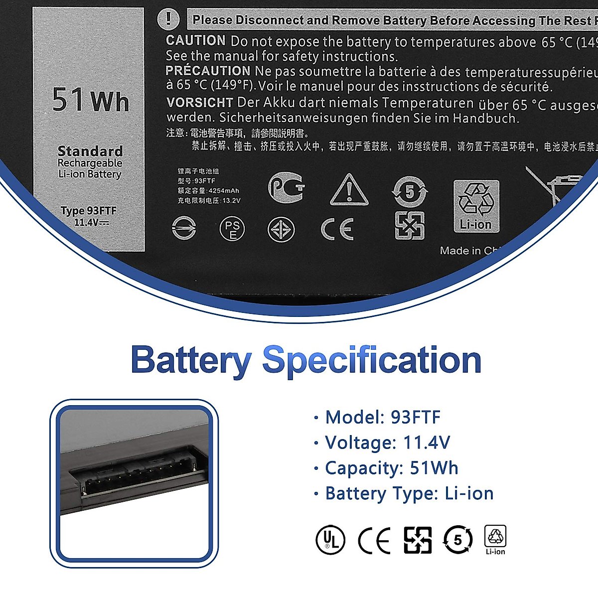 ANTIEE 51Wh 93FTF Laptop Battery Replacement for Dell Latitude 5280 5480 5580 5590 5490 5288 5290 5488 E5280 E5480 E5580 E5490 E5590 E5290 Precision 15 3520 3530 Series D4CMT 4YFVG 83XPC 083XPC