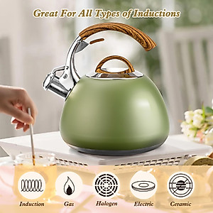suyika Stove Top Whistling Tea Kettle Food Grade Stainless Steel Teapot with Wood Pattern Handle 3 Quart Green