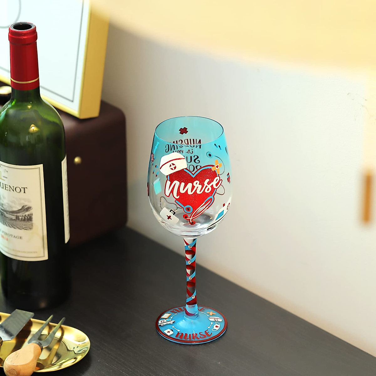 NymphFable Nurse Gifts Hand painted Wine Glass Artisan Painted Glass 15oz for Nurse Nursing Student Gifts for Her