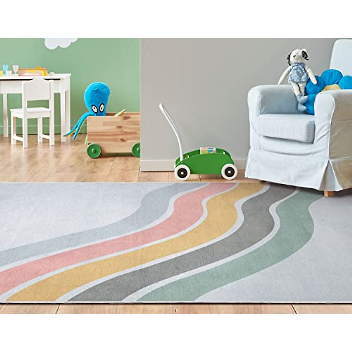 Well Woven Kids Modern Rugs Curved Rainbow 5' x 7' Multi Color Printed Machine Washable Area Rug
