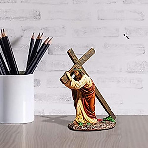IIDACK Jesus Cross Figure Ornament,Hand-Painted Jesus Church Decorations,Jesus Carrying Cross Resin Figurine,Religious Statues Christian Gift Collection Crafts for Home Office Easter Decor