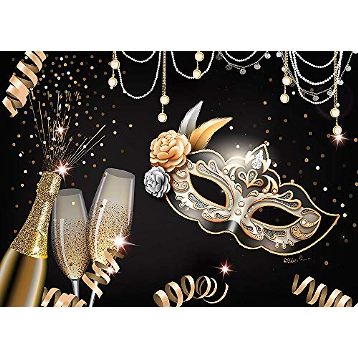 Masquerade Party Backdrops Retro Gold Black Mask Carnival Birthday Photography Backdrop 7x5ft Vinyl Fiesta Mardi Gras Dance Photo Background Champagne Glass Photo Booths Props Decorations