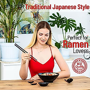 ESRE 2 sets (12 pieces) 37 oz Japanese Ramen Bowl with Chopsticks and Spoons | Asian Chinese Large Ramen Noodle Bowl | Dinnerware Ramen bowl set and Pho Bowl (Black)