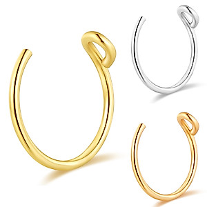Set of 3 - Fake Clip On Nose Ring Hoop for Women - No Piercing Needed - 22 Gauge - 7mm - Faux Nose Septum Ring - Gold, Sterling Silver, Rose Gold - 22g