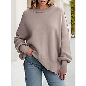 ANRABESS Women Crewneck Batwing Long Sleeve 2024 Fall Oversized Side Slit Ribbed Knit Pullover Sweaters Top Cozy Outfits Pink Apricot Large