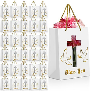 Fulmoon 50 Pack 10 Inch White Cross Gift Bag Bulk Church God Bless Bags with Handles Religious Baptism Gift Favors for First Communions Confirmation Weddings Clergy Day Easter Christenings