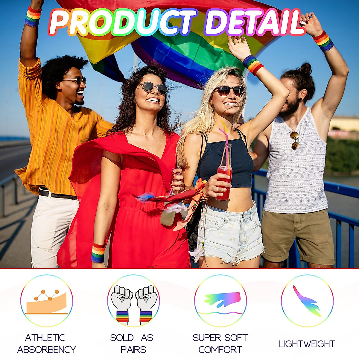 100 Pieces Rainbow Striped Wrist Sweatbands Bulk Gay Pride Athletic Cotton Sweatband Terry Cloth Wristbands for Men Women Birthday Halloween Rainbow Festival Party Parades Sports