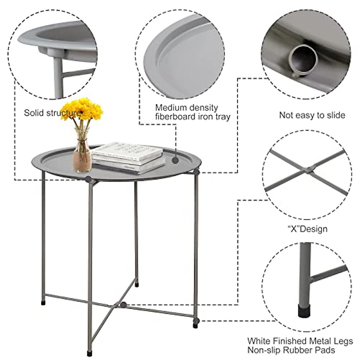 Garden 4 you Folding Tray Metal Side Table Grey Round End Table Cyan Sofa Small Accent Fold-able Table, Round End Table Tray, Next to Sofa Table, Snack Table for Living Room and Bed Room