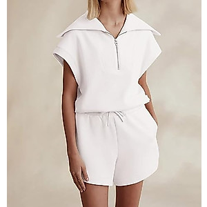 MISSACTIVER Women Two Piece Outfit Quarter 1/4 Zip Cap Sleeve Sweatshirts and High Waisted Shorts Set Loose 2 Piece Tracksuit (Small, White)