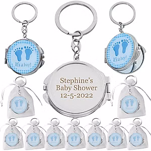 12 PCS Personalized Baby Shower Blue Boy Mirror Keychain Favors with Baby Footprint Design Custom Engraving Gift