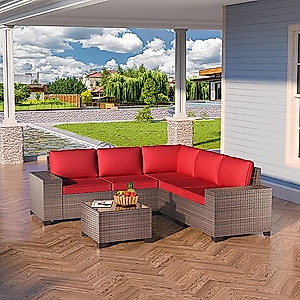 Halmuz 6 Piece Patio Furniture Sets Outdoor Conversation Sofa Set, All-Weather High Back PE Rattan Wicker Sectional Furniture Patio Sofa w/Tempered Glass Top Table&Thickened Cushions(Red)