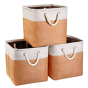 i BKGOO 3Pack Large Foldable Storage Bins，Collapsible Sturdy Cationic Fabric Organizing Storage Basket Cube with Cotton Handles for Home Office Shelf Clothes Toys Beige-Orange 13×13×13 inch