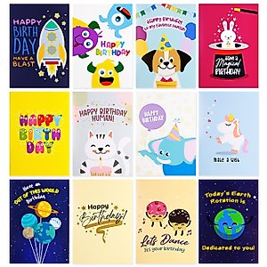 12 Large Kids Happy Birthday Cards 5 x 7 Inch – 12 Premium Children Birthday Cards For Him & Her with Illustrated Dogs, Cats, Space Rockets, Planets, and Cute Furry Characters Printed on Thick 350 GSM