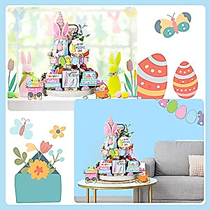 13 Pcs Easter Tiered Tray Decor Set Happy Easter Wooden Sign Gnome Plush Easter Egg Bunny Table Decor for Rustic Farmhouse Home Spring Easter Decorations
