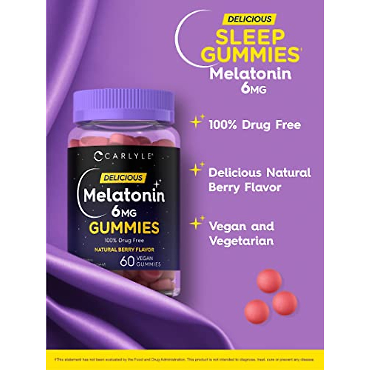 Carlyle Melatonin Gummies 6mg | 60 Count | Adult Drug Free Aid | Natural Berry Flavor | Vegan, Non-GMO, Gluten Free