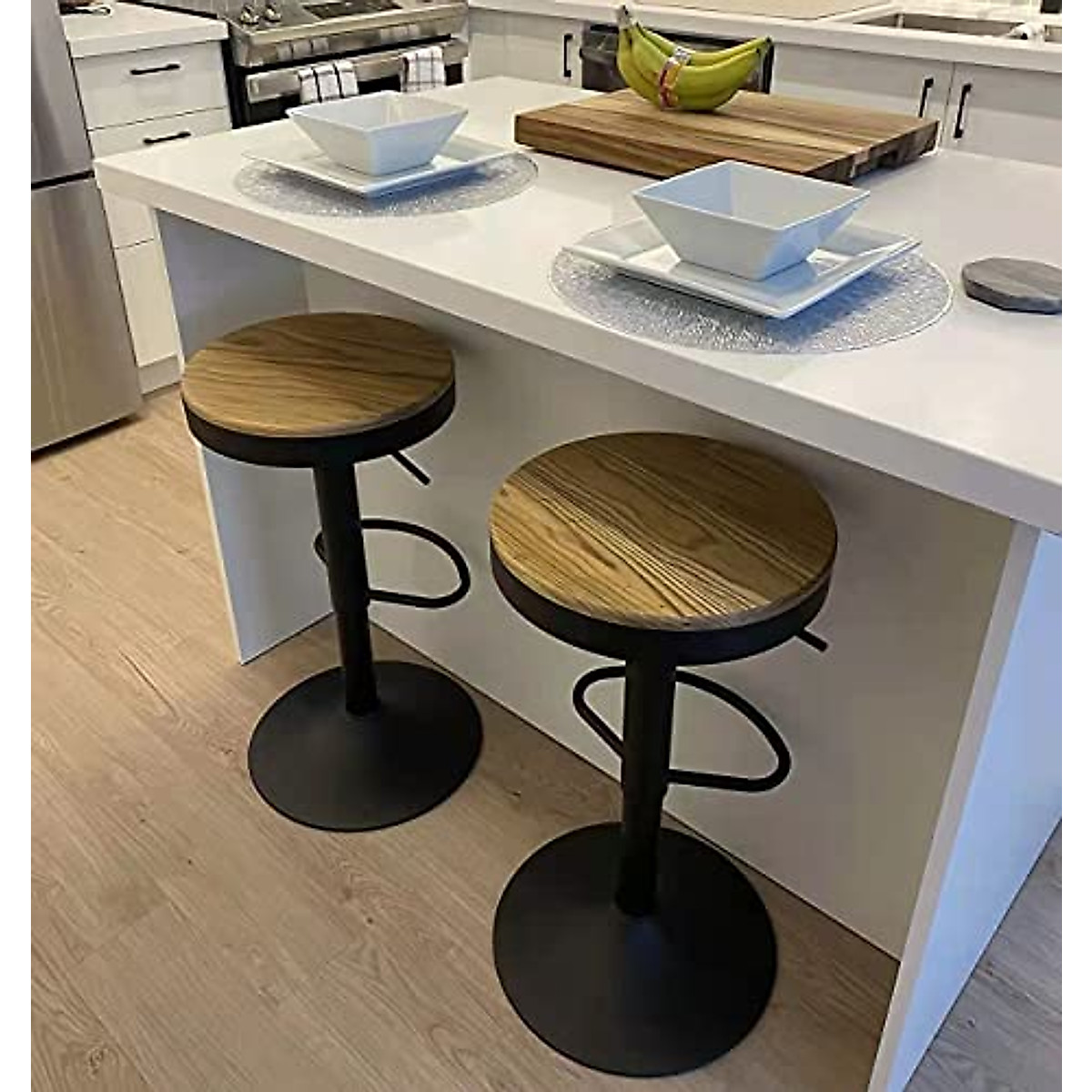 YOUNUOKE Bar Stools Set of 2 Round Adjustable Swivel Counter Height Barstool Backless Wood and Metal Bar Stools with Footrest Modern Bar Chair for Kitchen Counter Island