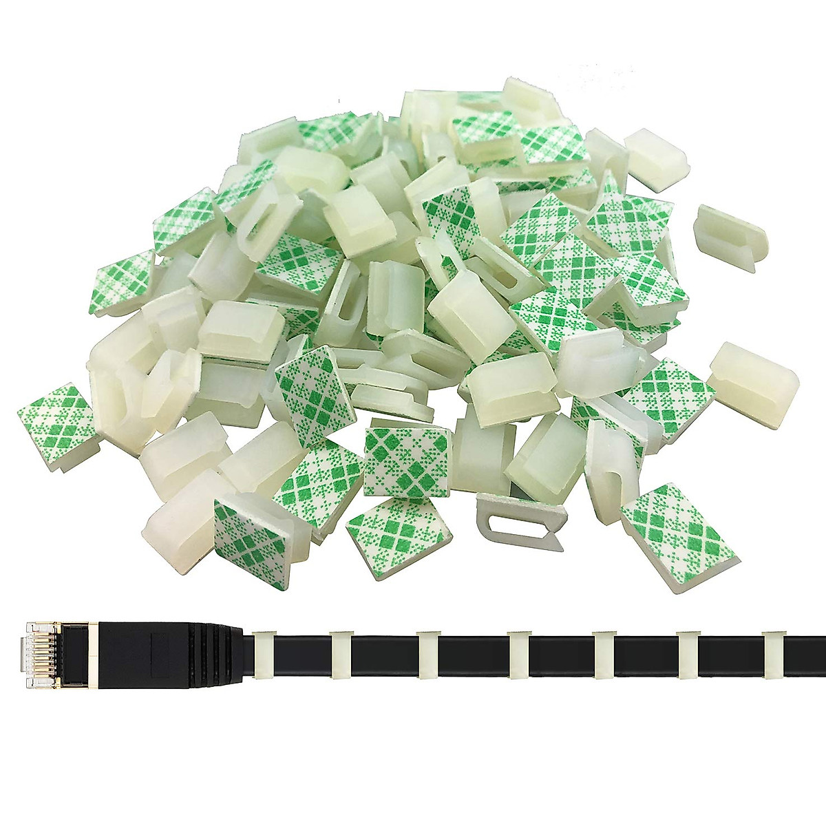 Ruaeoda Ethernet Cable Clips, 60 Pack 8mm Self-Adhesive Wire Clips, Cord Clamp Cable Management for Cat6 Cat5 and Cat7 Flat Ethernet Cable(White)
