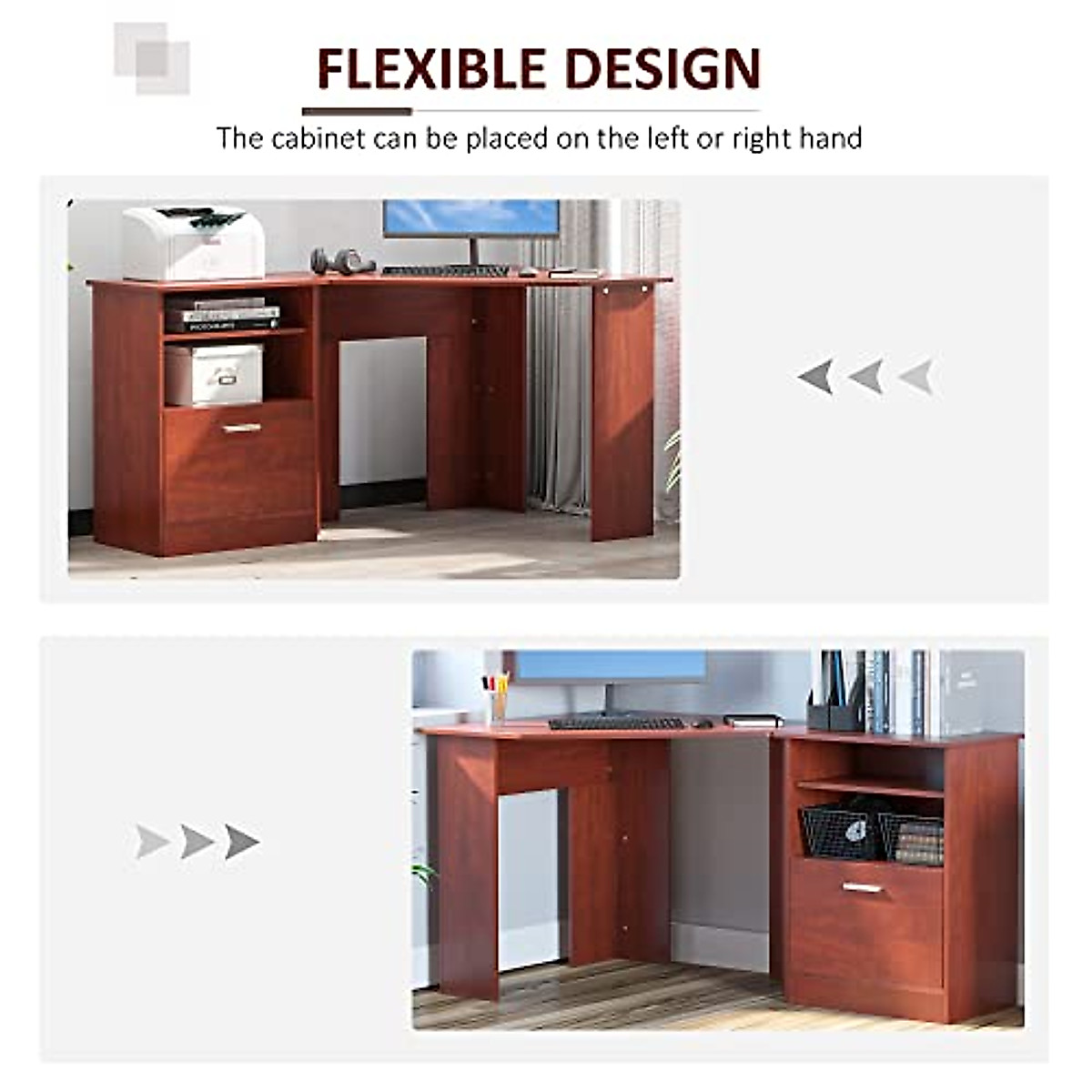 HOMCOM Computer Desk with Printer Cabinet, L-Shaped Corner Desk with Storage, Study PC Workstation for Home Office, Cherry