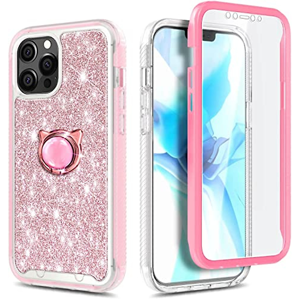 NZND Case for iPhone 11 with Built-in Screen Protector (6.1 inch, 2019) Ring Holder/Wrist Strap, Full-Body Protective Shockproof Rugged Bumper Cover, Impact Resist Durable Case (Glitter Rose Gold)