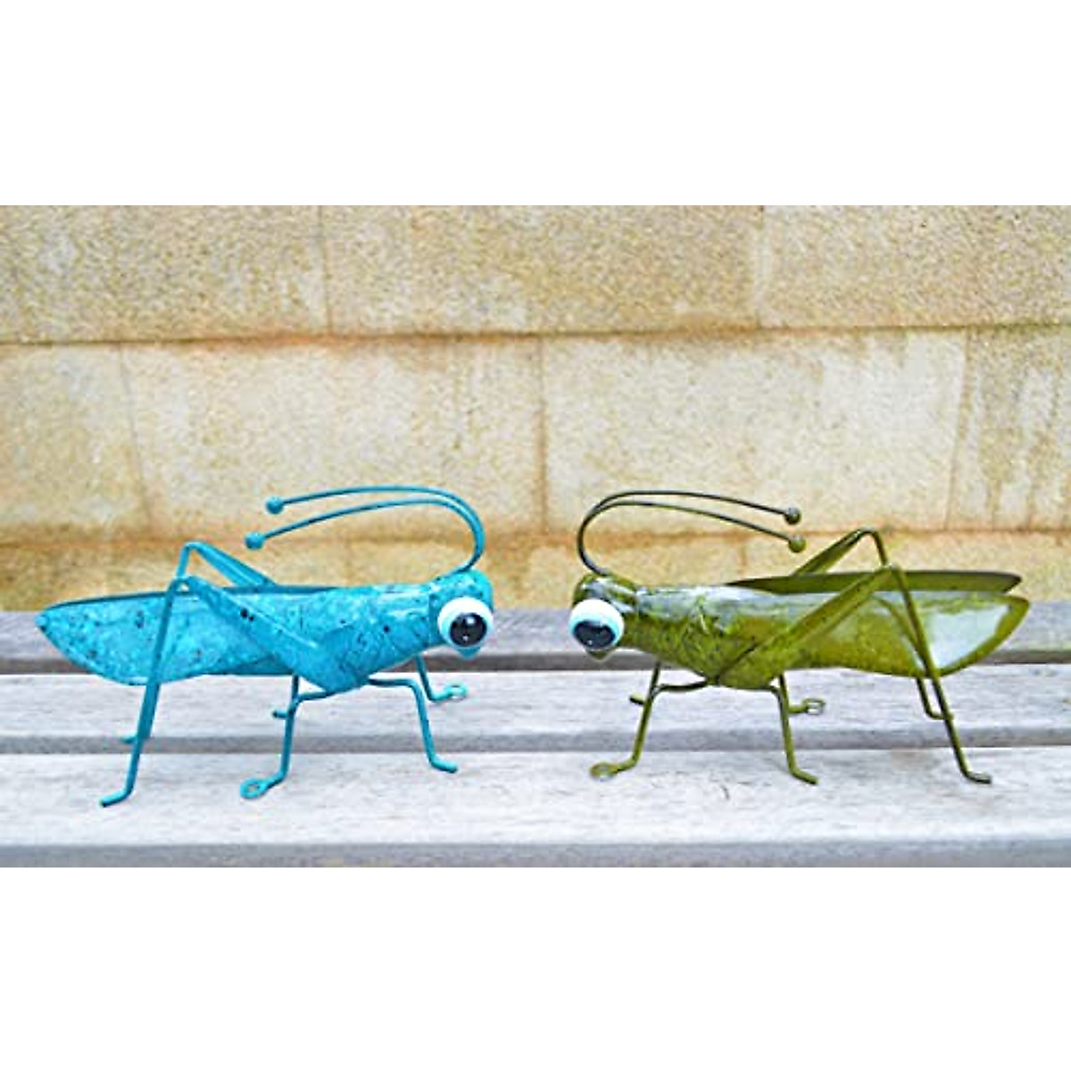 ShabbyDecor Metal Grasshopper Figurine Yard Art Locust Lawn Ornament Mantis Hanging Wall Sculpture Decoration Set of 2 ,Blue&Green