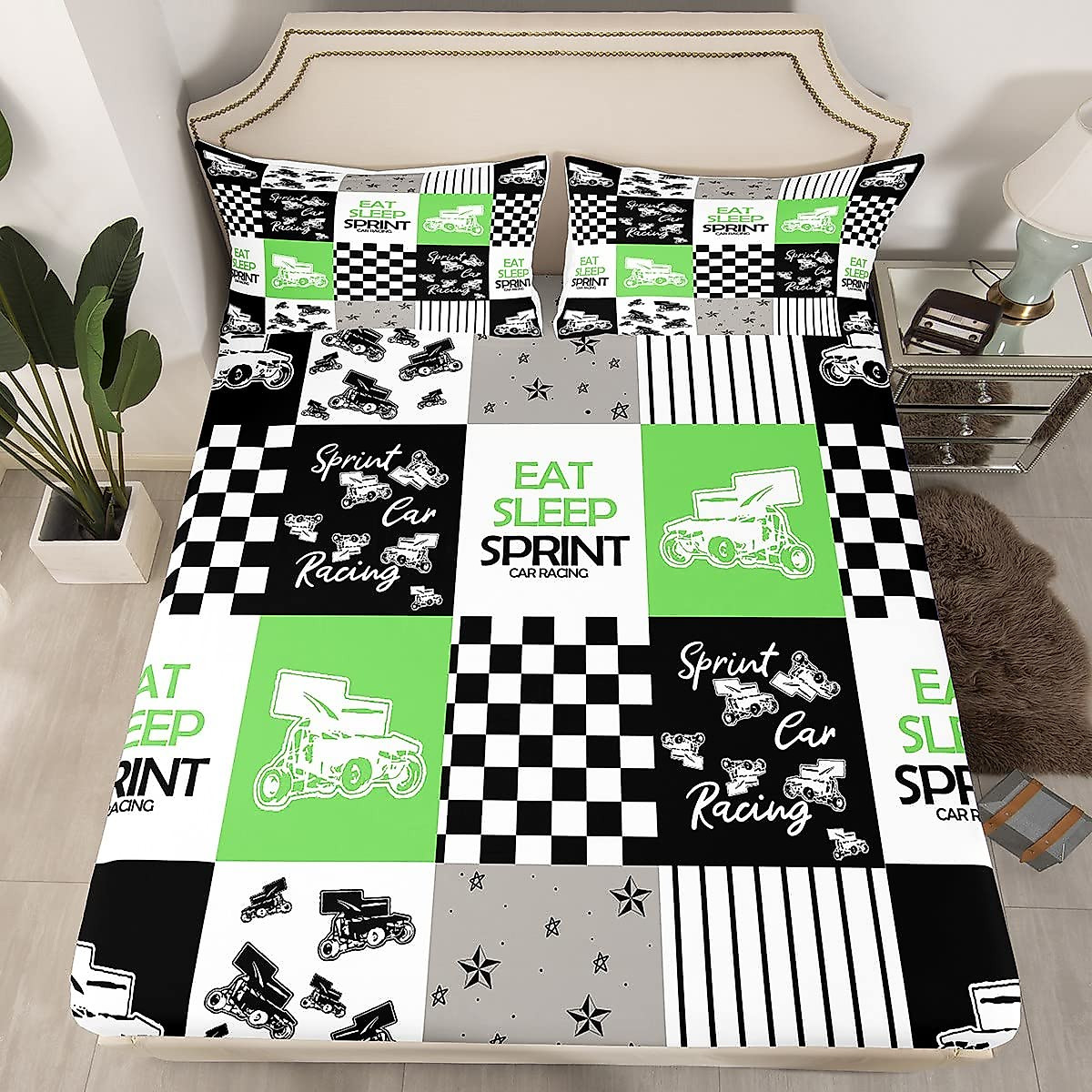 Eat Sleep Sprint Fitted Sheet Twin Size Race Car Green White Bedding Set Set for Kids Teens Adults Speed Sports Car Bed Sheet Set Extreme Sports Bed Cover Room Decor 2Pcs with 1 Pillow Case