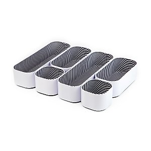 Three by Three Seattle 6 Piece Metal Organizer Tray Set for Storing Makeup, Stationery, Utensils, and More in Office Desk, Kitchen and Bathroom Drawers (2 Inch, Stripes and White)