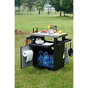 NUUK Deluxe Outdoor Rolling Prep Station, 20" x 30" Stainless Steel Kitchen Storage Island with Enclosed Cabinet and Storage Drawer