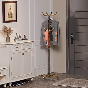 THRONKENGER Industrial Coat Rack, Metal Pipe Coat Rack Stand Freestanding with 6 Hooks, Heavy Duty Coat Tree Sturdy Coat Racks for Entryway, Hallway, Bedroom (Vintage gold)