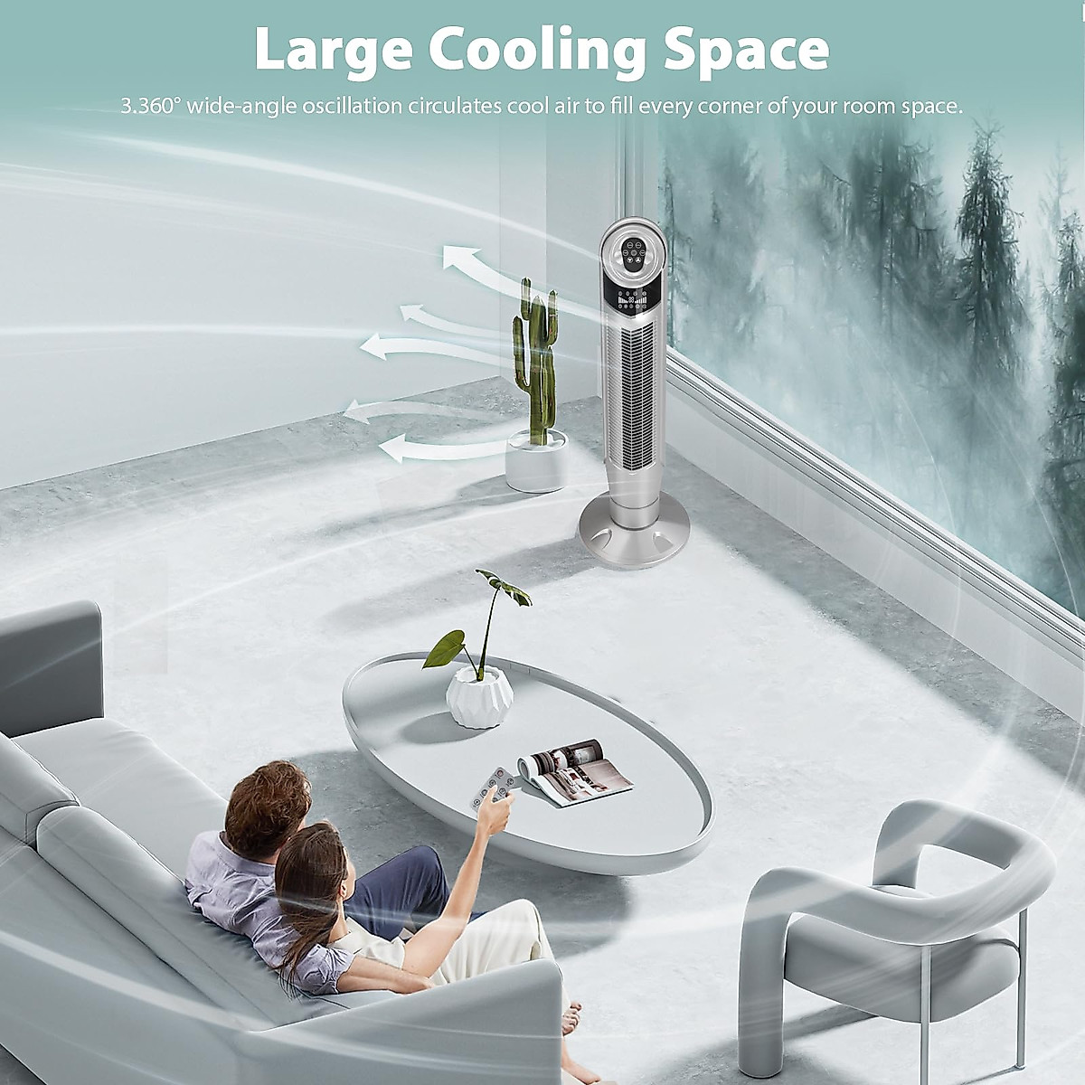 Antarctic Star Tower Fan 360°Oscillating Fan Quiet Cooling 24H Timer Remote Control Powerful Standing 8 Wind Speed 3 Wind Modes Ionizer Mode Bladeless Portable LED Display,Bedroom 40-Inch SILVER