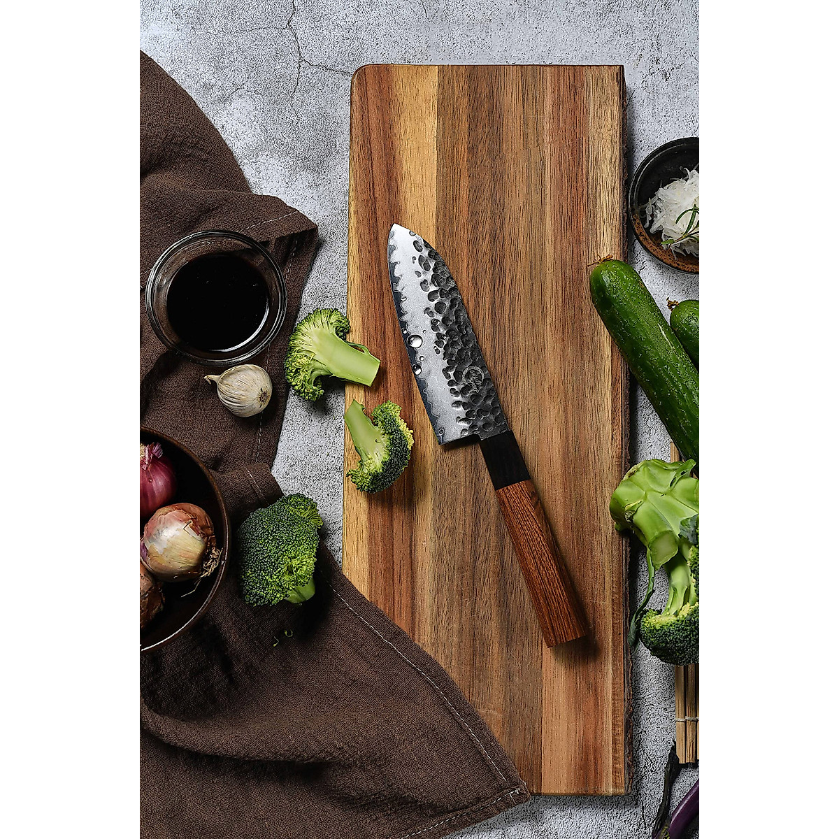 GRAND SHARP 5 inch Japanese Santoku Chef Knife, AUS10 3-layer High Carbon Stainless Steel Kitchen Cooking Knife, Professional Hand Forged Chef's Knives (Rosewood Handle & Gift Box& Sheath)