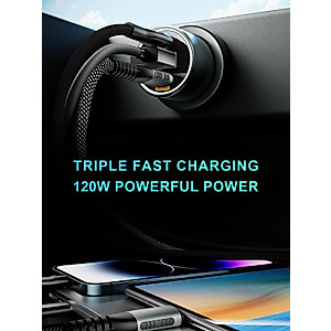 120W USB C Car Charger All-Metal PD3.0 100W/20W+18W 3 Ports Car Laptop Charger Compatible with MacBook,iPhone 15/14/13,Samsung Galaxy S23/22,Google Pixel 7/6(Comes with 100W C-C/20W C-L 3.3FT Cable)