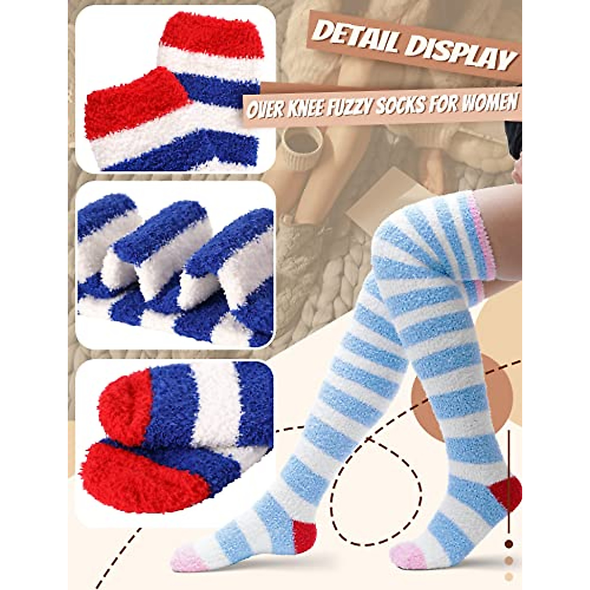 MOGGEI Womens Thigh High Fuzzy Socks Over Knee High Striped Stocking Stuffers Fluffy Cozy Slipper Fleece Gift Socks 2 Pairs (Blue & White Striped)