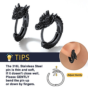 U7 Dragon Earrings Black Metal Plated Huggie Hoops Punk Rock Animal Earrings for Men Women