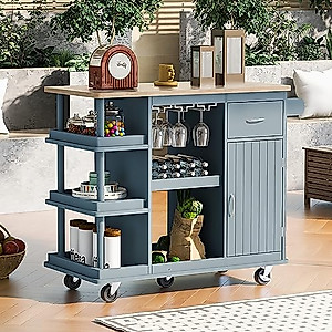 FEELLE Multipurpose Kitchen Island Cart Rolling Kitchen Island with Side Storage Shelves, Rubber Wood Top, Adjustable Storage Shelves, 5 Wheels, Island Table for Kitchen with Wine Rack, Blue