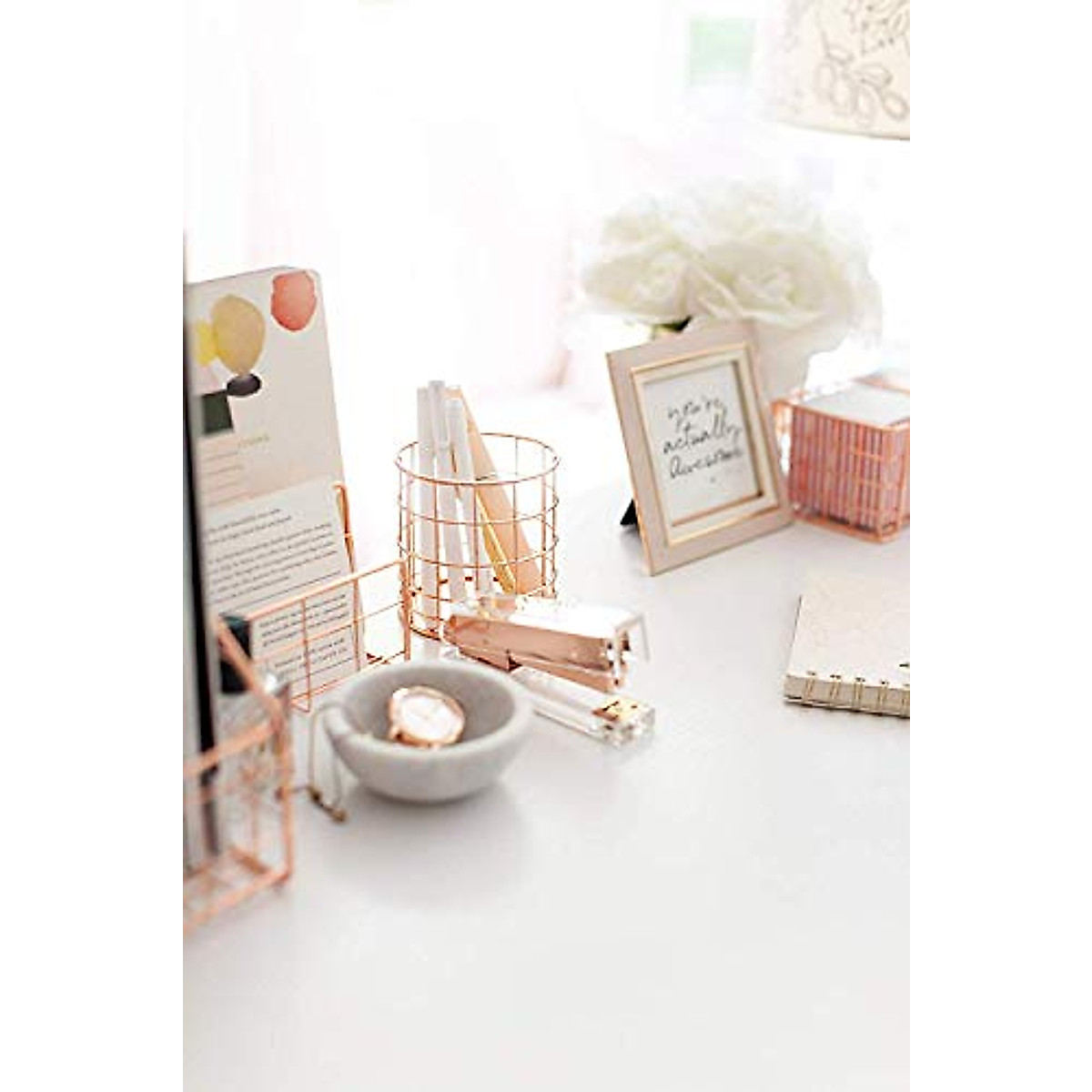 BLU MONACO Rose Gold Desk Organizer - 5 Piece Desk Accessories Set - Letter - Mail Organizer, Paper-Document Tray, Pen Cup, Magazine File Holder - Diagonal Pattern - Office Supplies Stationery Décor