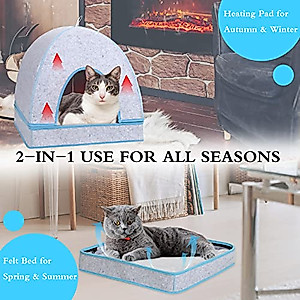 NOCAESON Cat Bed for Indoor Cats, Cat House Year Round with Heating Pad and Fluffy Ball Hanging, Foldable Heated Cat House for Joint-Relief and Hidewawy, 16x16x14 inches, Grey